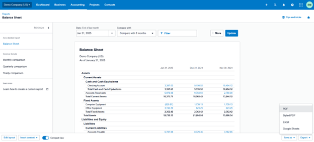 How do I export my financials from Xero?